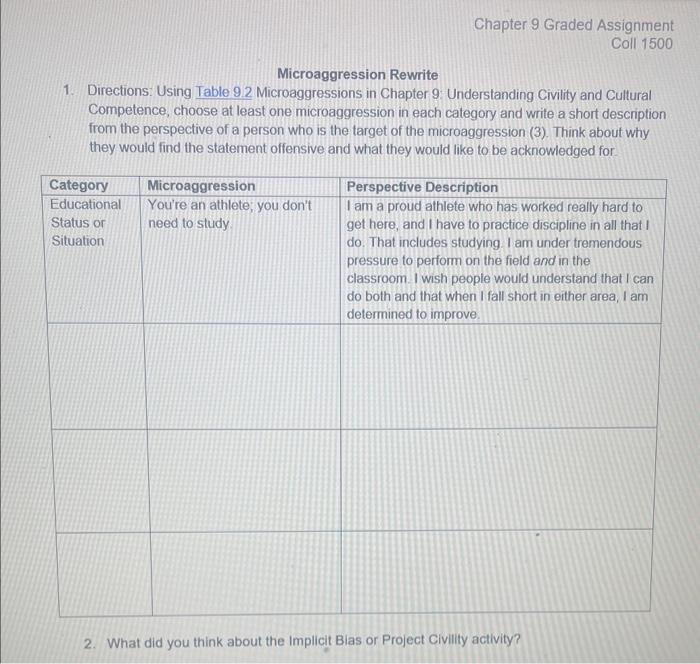 Microaggression Rewrite 1. Directions: Using Table | Chegg.com