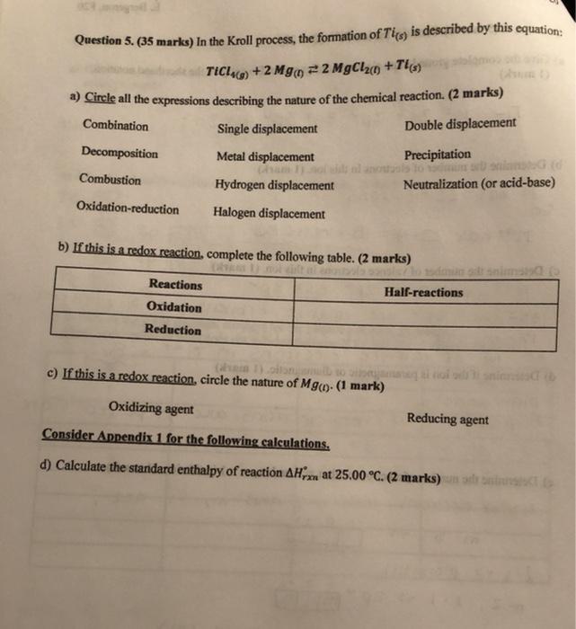 Solved Question 5. (35 marks) In the Kroll process, the | Chegg.com
