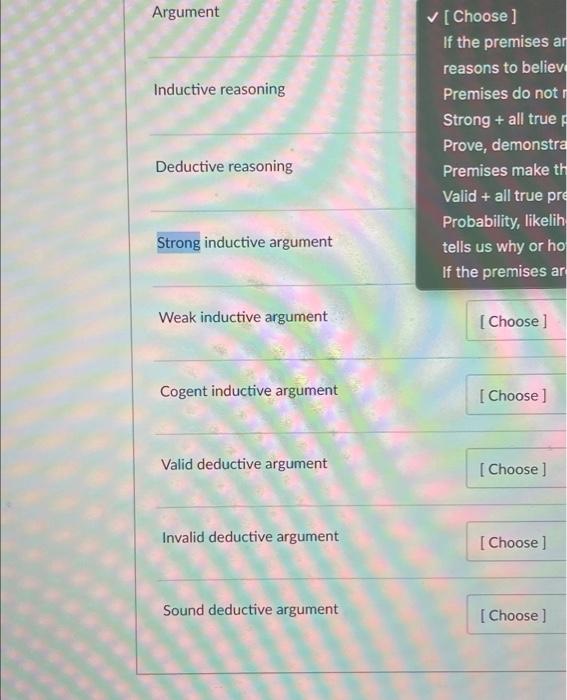 Solved Argument Inductive reasoning Choose If the premises | Chegg.com