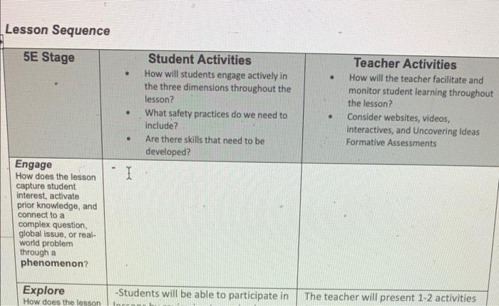 Lesson Sequence 5E Stage . . Student Activities How | Chegg.com