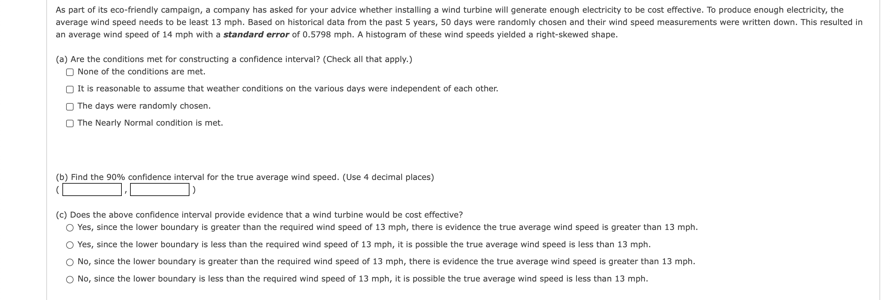 Solved an average wind speed of 14mph ﻿with a standard error | Chegg.com