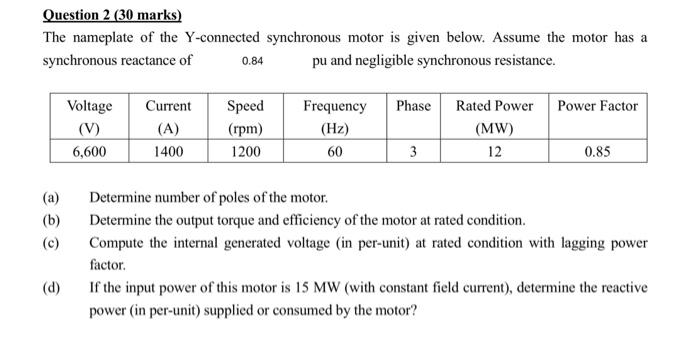 Solved Question 2 (30 marks) The nameplate of the | Chegg.com