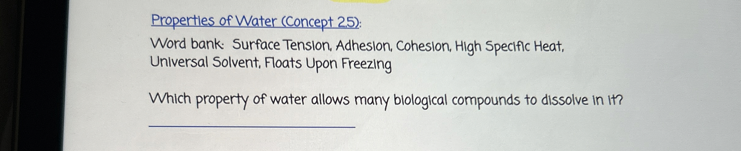 Solved Properties of Water (Concept 2.5):Word bank. Surface | Chegg.com