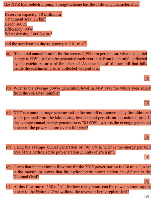 Solved The XYZ hydroelectric pump-storage scheme has the | Chegg.com