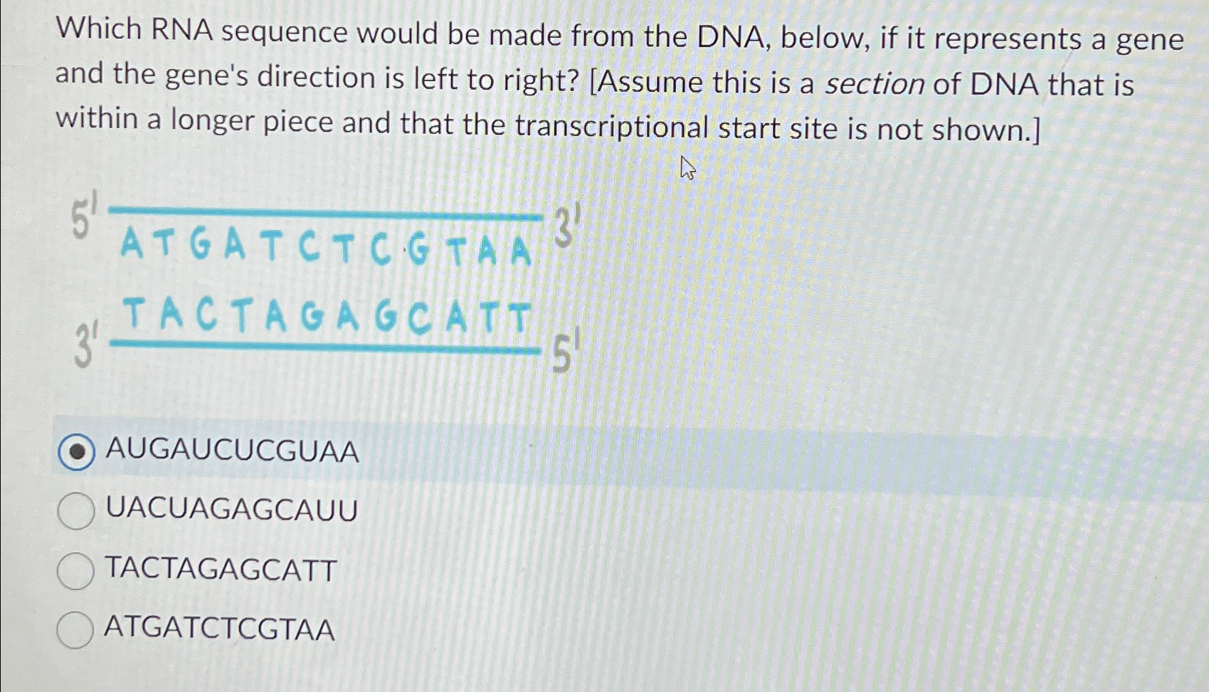 Solved Which RNA sequence would be made from the DNA, below, | Chegg.com