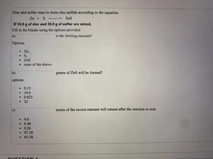 Solved Zinc and sulfur react to form zinc sulfide according | Chegg.com