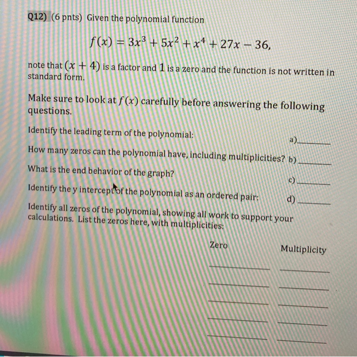 Solved Q12) (6 pnts) Given the polynomial function f(x) = | Chegg.com