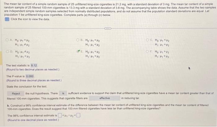 Solved The mean tar content of a simple random sample of 25 | Chegg.com