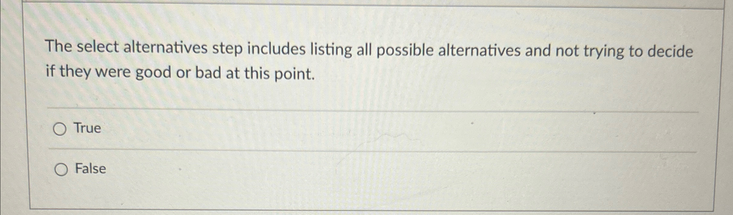 Solved The select alternatives step includes listing all | Chegg.com