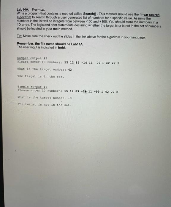 Solved Lab14A: Warmup. Write a program that contains a | Chegg.com