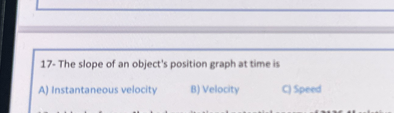 Solved 17- ﻿The slope of an object's position graph at time | Chegg.com