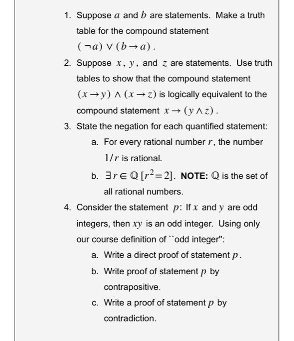Solved 1. Suppose a and b are statements. Make a truth table | Chegg.com