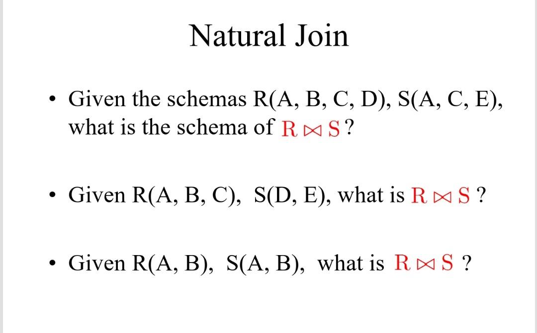 Solved Natural Join - Given the schemas R(A, B, C, D), S(A, | Chegg.com