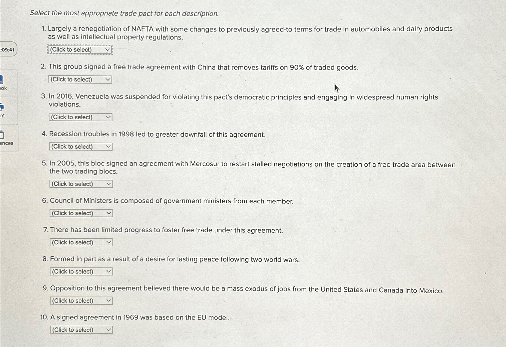 Solved Select the most appropriate trade pact for each | Chegg.com