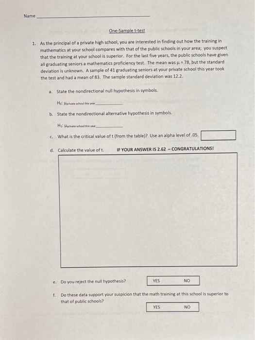 Solved I need help with a One Sample t test worksheet. There | Chegg.com
