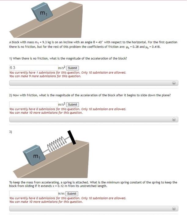 Solved A block with mass m1=9.3 kg is on an incline with an | Chegg.com