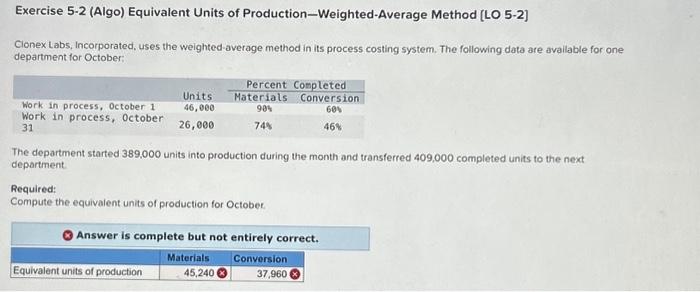 Solved Exercise 5-2 (Algo) Equivalent Units of | Chegg.com