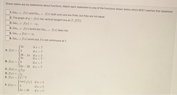 Solved Shown below are six statements about functions. Match | Chegg.com