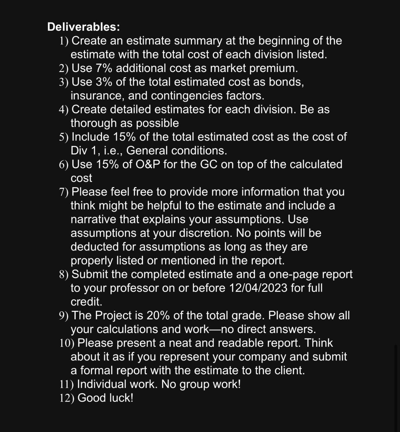 Solved Deliverables:Create an estimate summary at the | Chegg.com