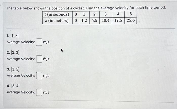 Solved The table below shows the position of a cyclist. Find | Chegg.com