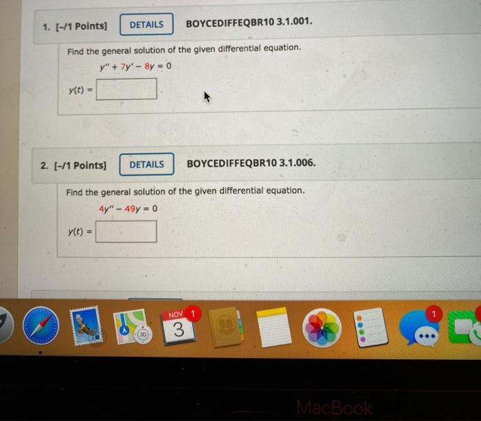 Solved 1. [-/1 Points] DETAILS BOYCEDIFFEQBR10 3.1.001. Find | Chegg.com