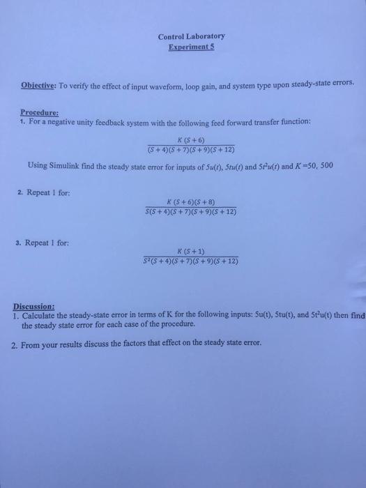 Solved Control Laboratory Experiments Objective: To verify | Chegg.com