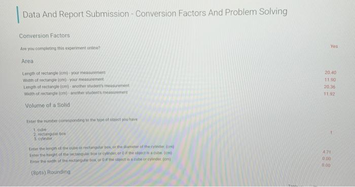 Solved Data And Report Submission - Conversion Factors And | Chegg.com