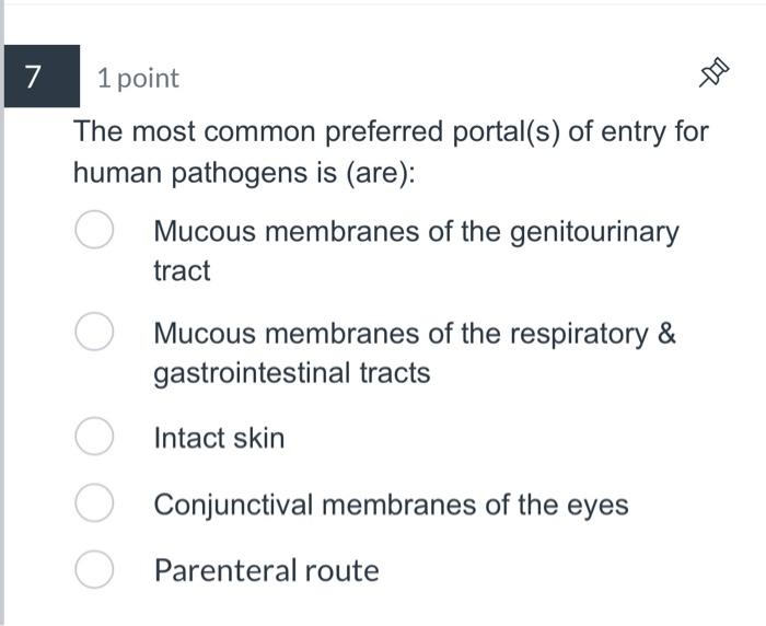 Solved 1 point The most common preferred portal(s) of entry | Chegg.com