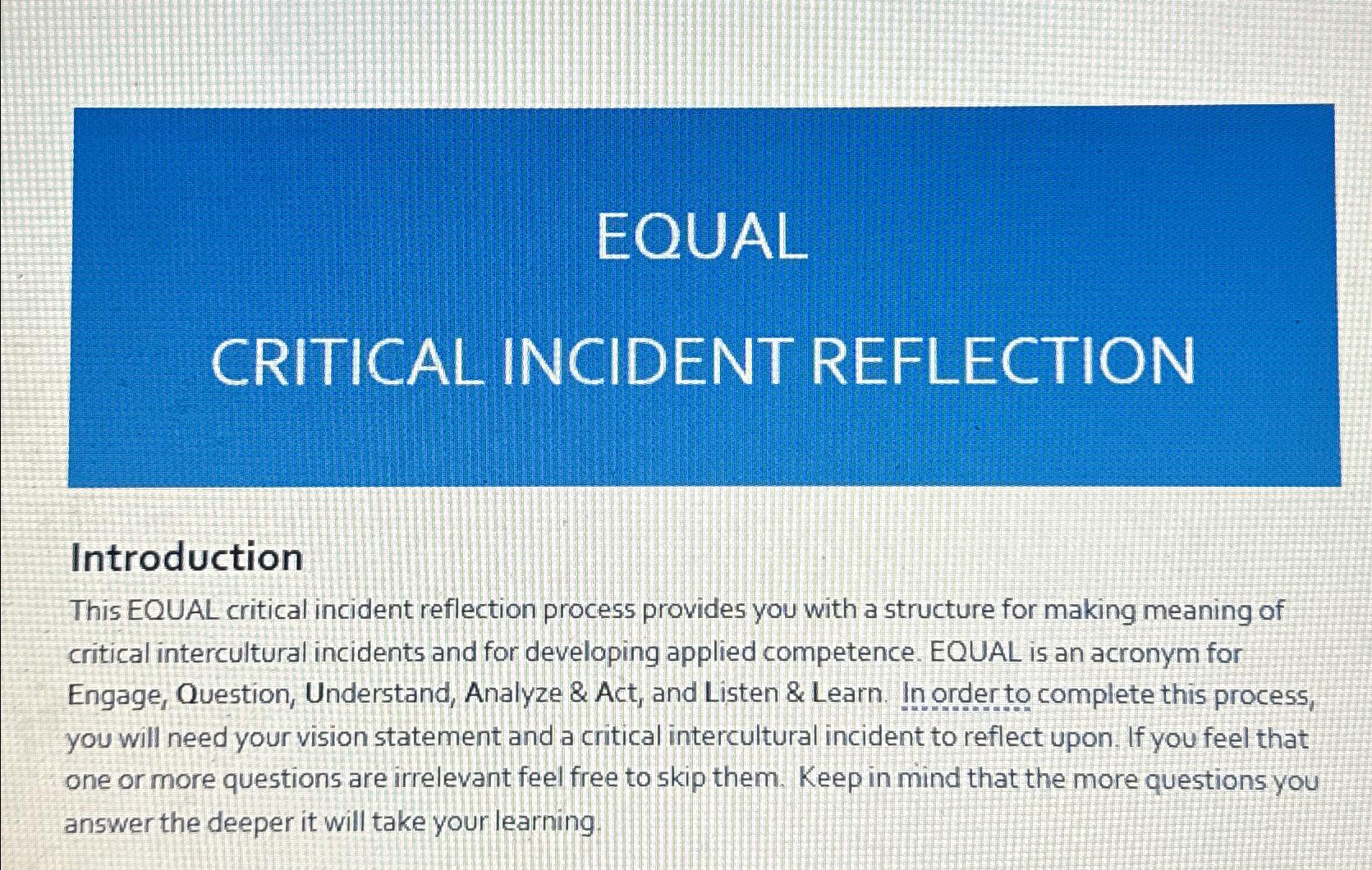 Solved EQUALCRITICAL INCIDENT REFLECTIONIntroductionThis | Chegg.com