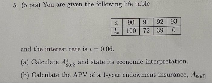 Solved 5. (5 pts) You are given the following life table and | Chegg.com