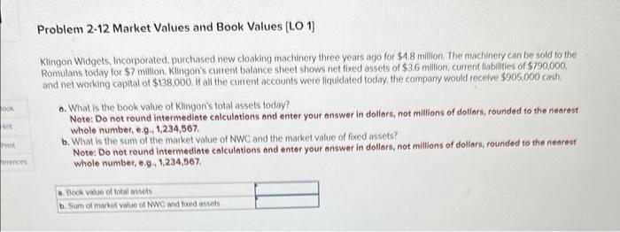 Solved Problem 2-12 Market Values and Book Values [LO 1] | Chegg.com