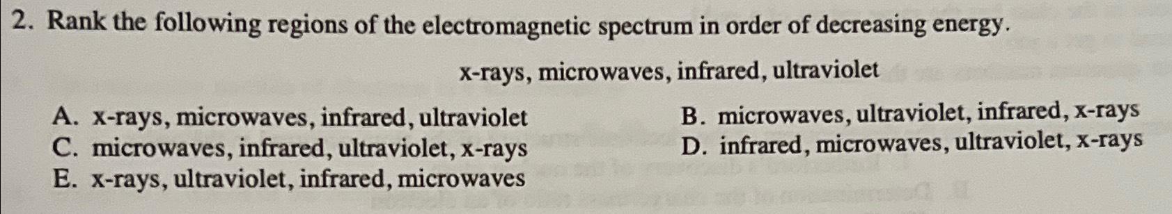 Solved Rank the following regions of the electromagnetic | Chegg.com