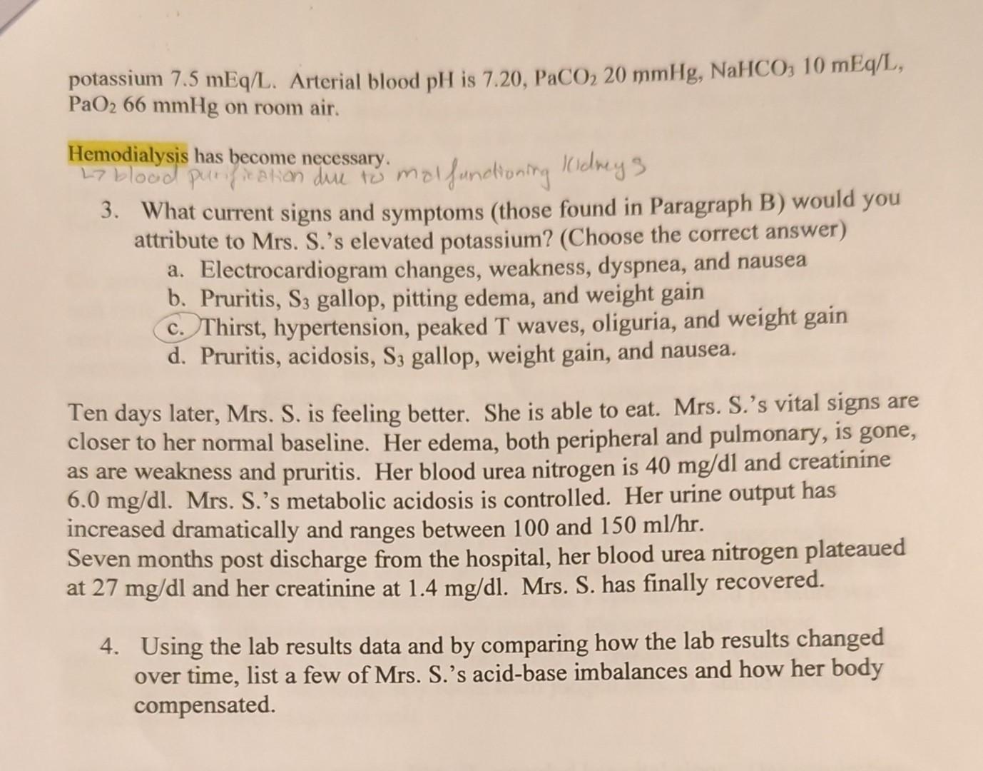 Solved potassium 7.5 mEq/L. Arterial blood pH is 7.20, Paco, | Chegg.com