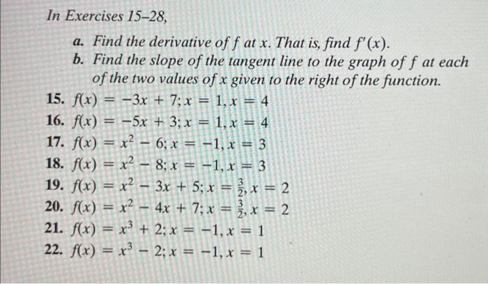 Solved In Exercises 15-28, a. Find the derivative of f at x. | Chegg.com