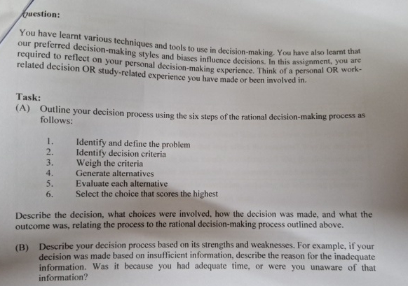 Solved question:You have learnt various techniques and tools | Chegg.com