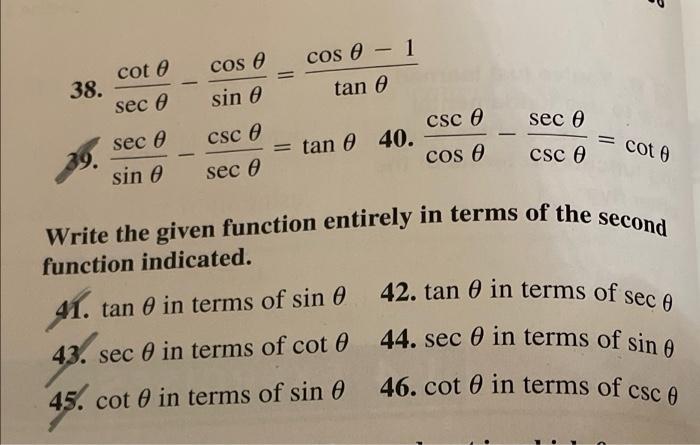 Solved 38. cot 0 sec 0 sec A sin 0 cos sin 0 csc sec 0 = = | Chegg.com