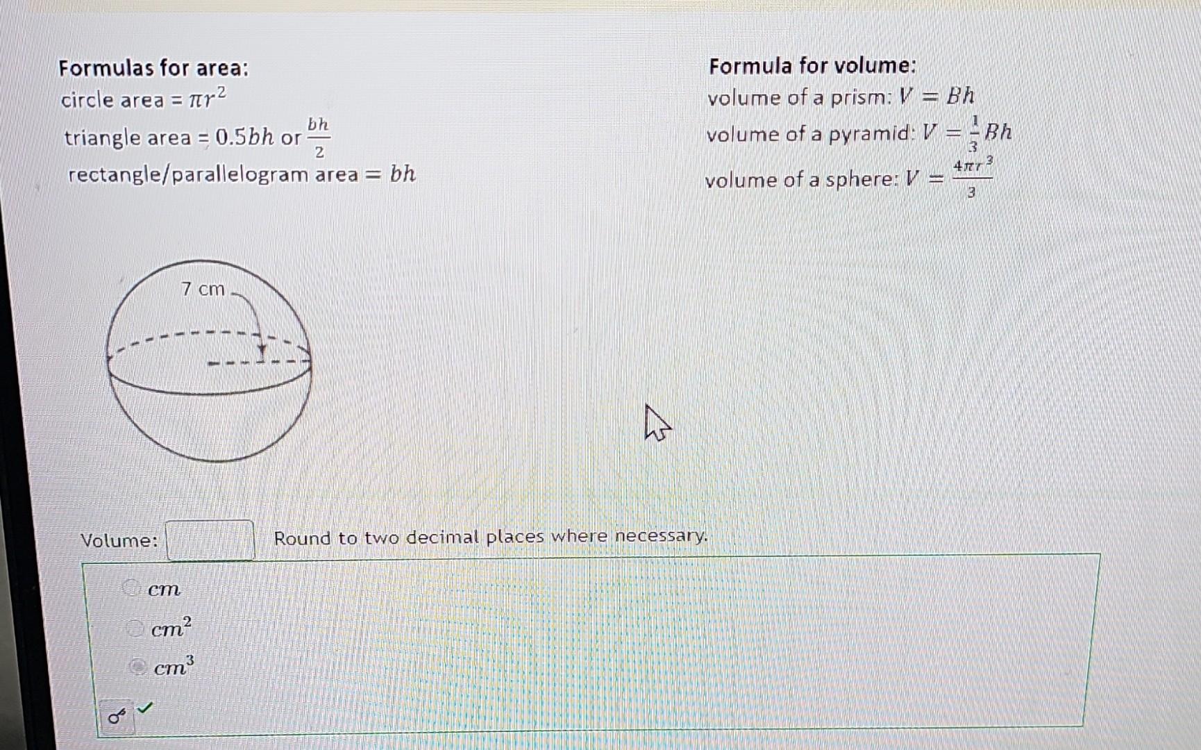 Solved Formulas for area: circle area =πr2 triangle area | Chegg.com