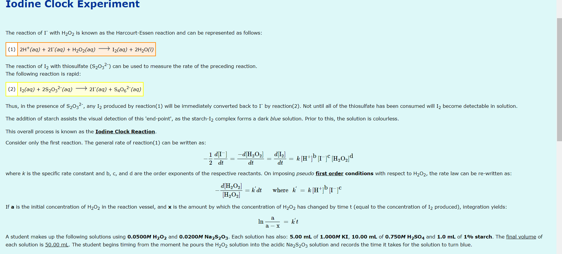 Solved Iodine Clock ExperimentThe reaction of I-with H2O2 | Chegg.com