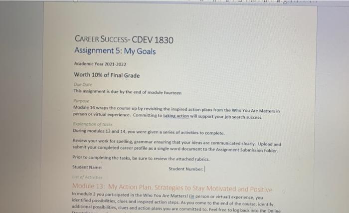 Solved CAREER SUCCESS- CDEV 1830 Assignment 5: My Goals | Chegg.com