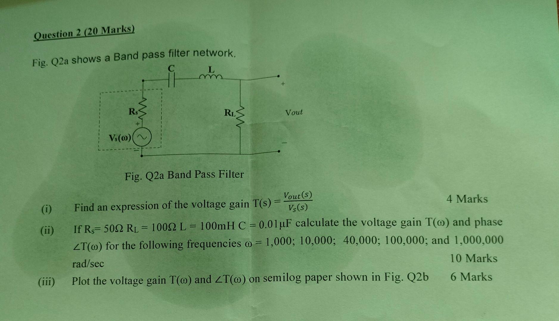 Solved Fig. Q2a shnwis a Band pass filter network. Fig. Q2a | Chegg.com