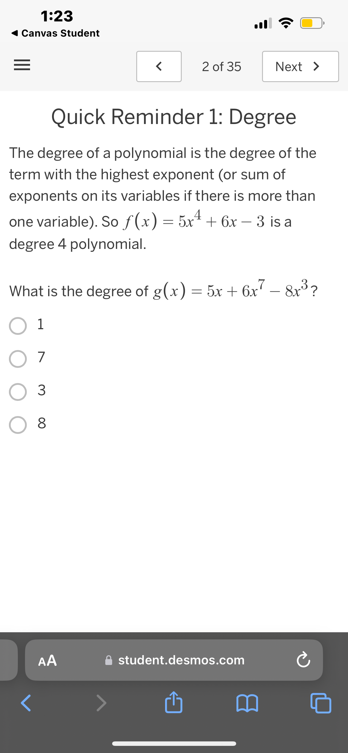 Solved 1:23∢ ﻿Canvas Student2 ﻿of 35Quick Reminder 1: | Chegg.com