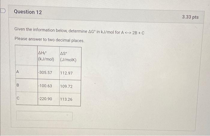Solved Given the information below, determine ΔG∘ in kJ/mol | Chegg.com