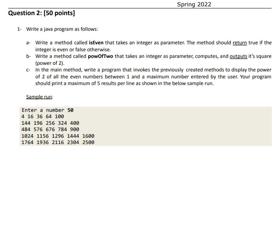 Solved Spring 2022 1- Write a java program as follows: a- | Chegg.com