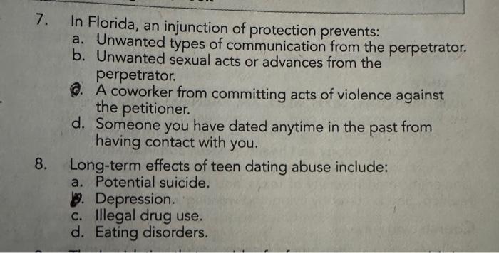 Solved 7. In Florida, an injunction of protection prevents: | Chegg.com