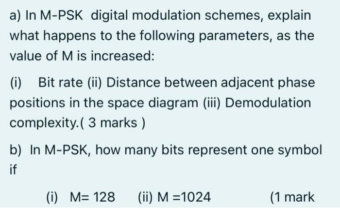 Solved a) In M-PSK digital modulation schemes, explain what | Chegg.com