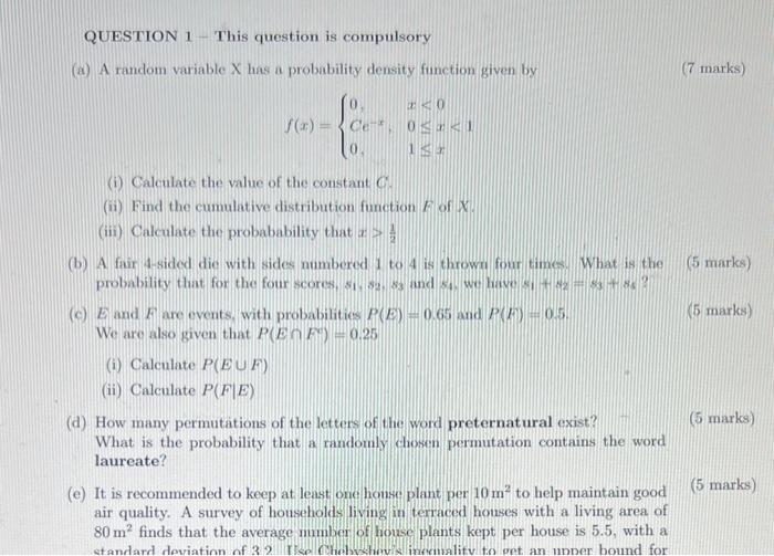 Solved QUESTION 1 - This question is compulsory (a) A random | Chegg.com