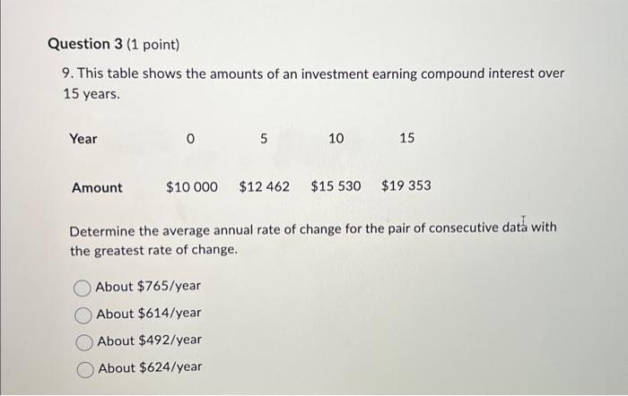 [Solved]: 9. This table shows the amounts of an investment