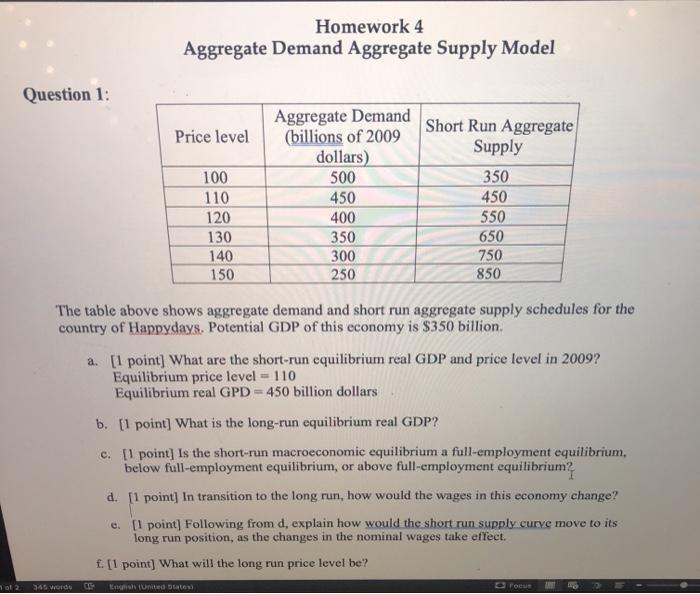 Solved Homework 4 Aggregate Demand Aggregate Supply Model | Chegg.com