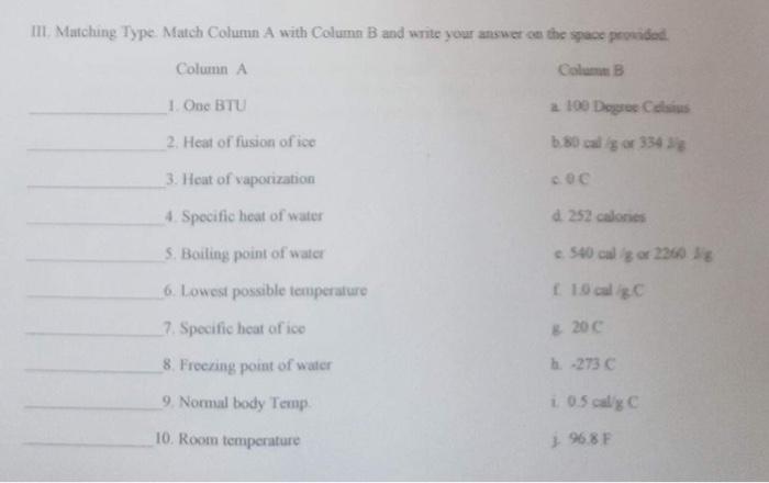Solved III. Matching TVpe. Match Column A with Column B and | Chegg.com