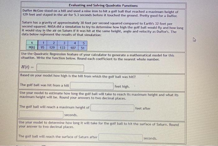 Solved Evaluating and Solving Quadratic Functions Duffer | Chegg.com